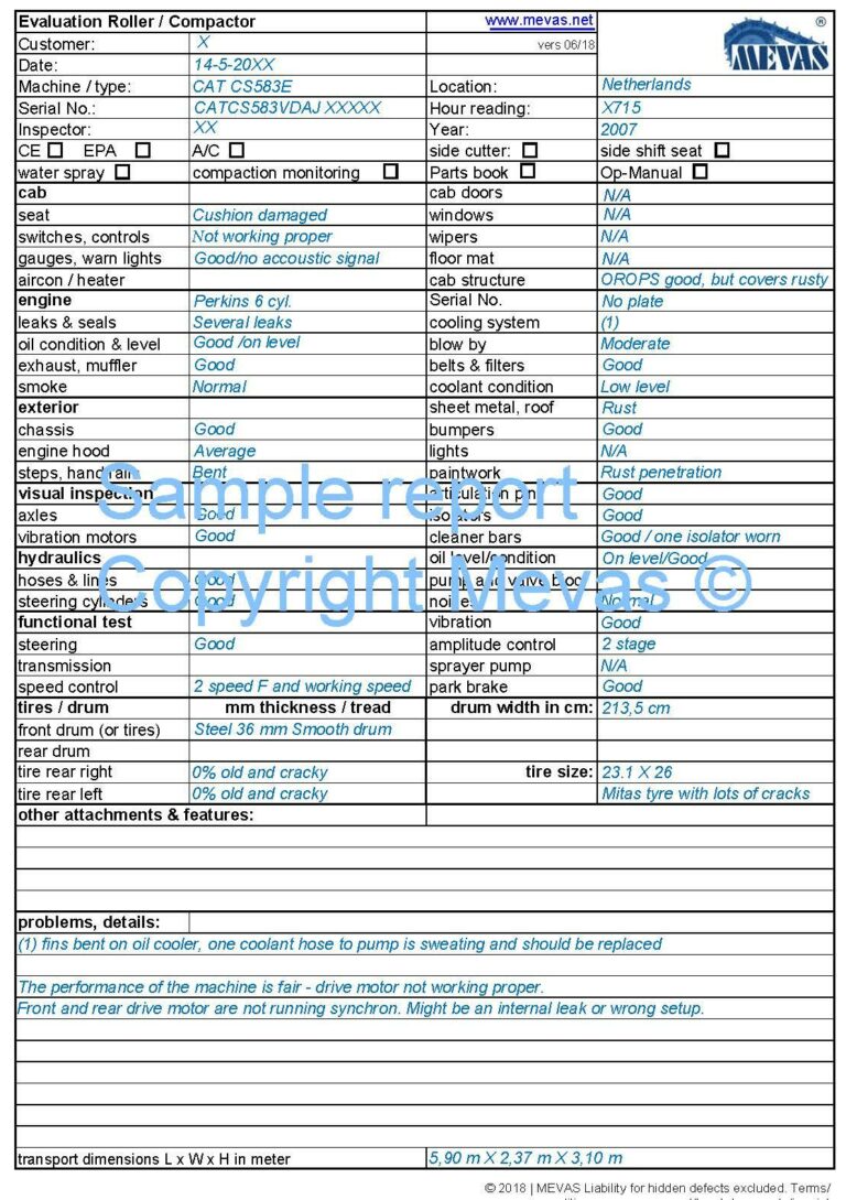 Used compaction and landfill roller inspection report sample