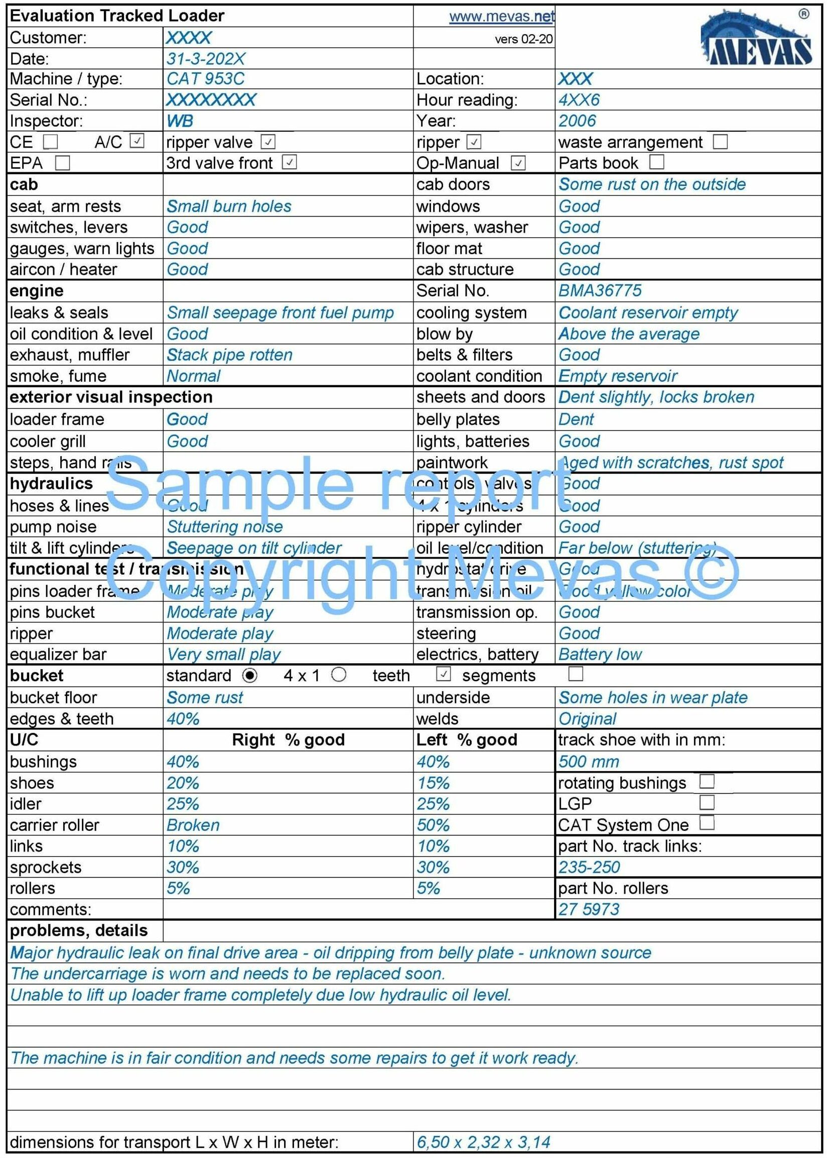 Track loader inspection report