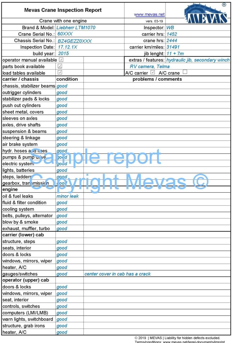 Used mobile crane inspection report