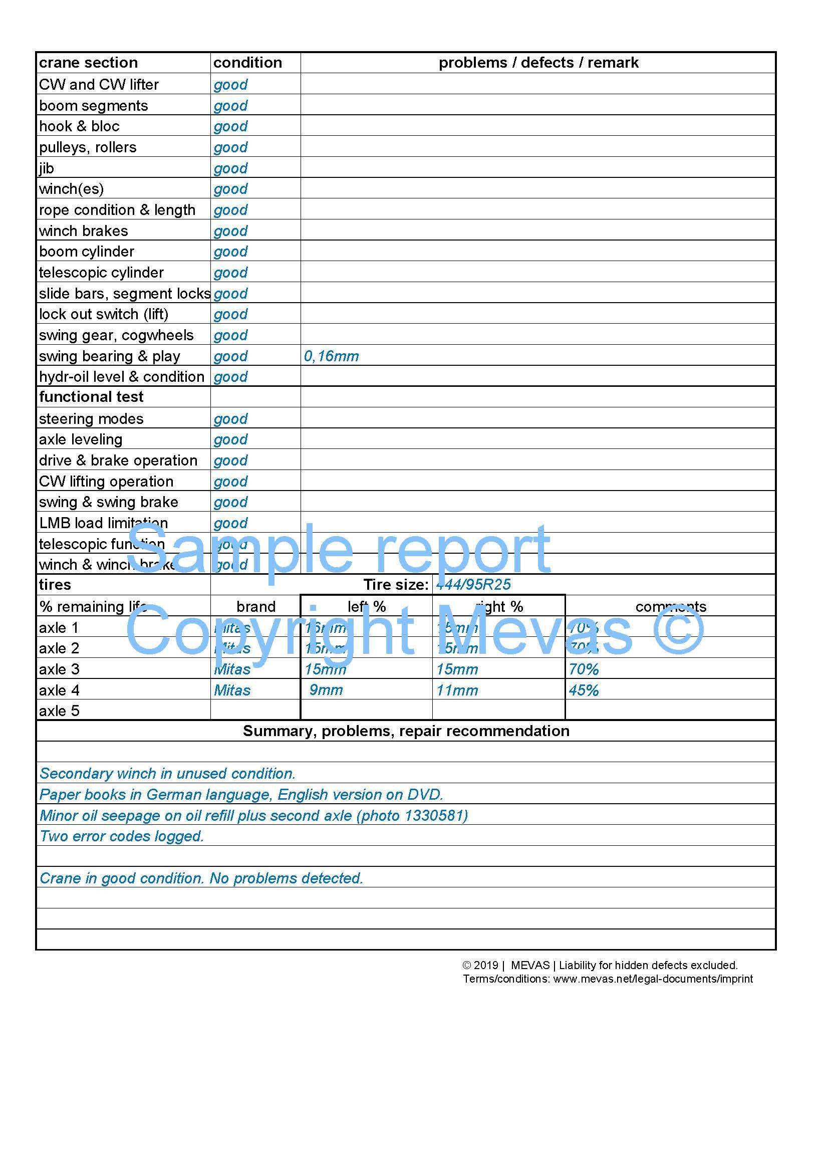 Used mobile crane inspection report