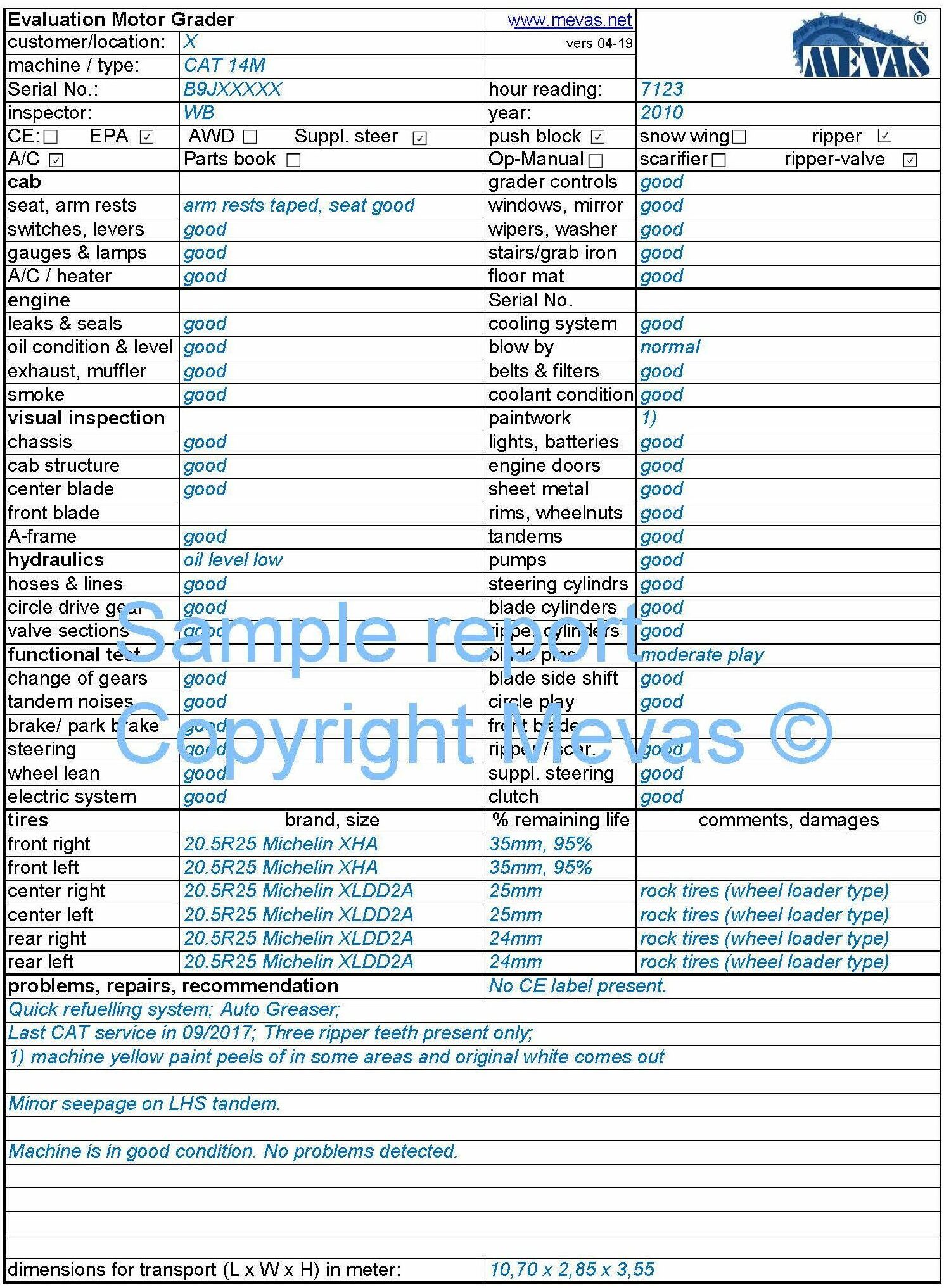 Used grader inspection report